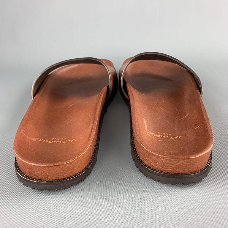 SAINT LAURENT Size 8 Cognac Tan Leather YSL Logo Slide Sandals at ...