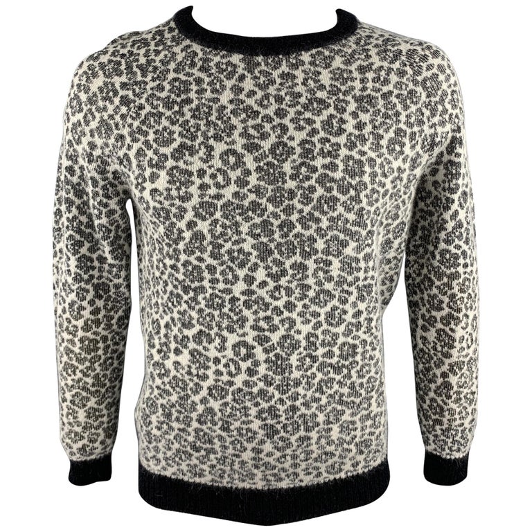 SAINT LAURENT Size L Black and White Leopard Print Mohair Blend Crew ...