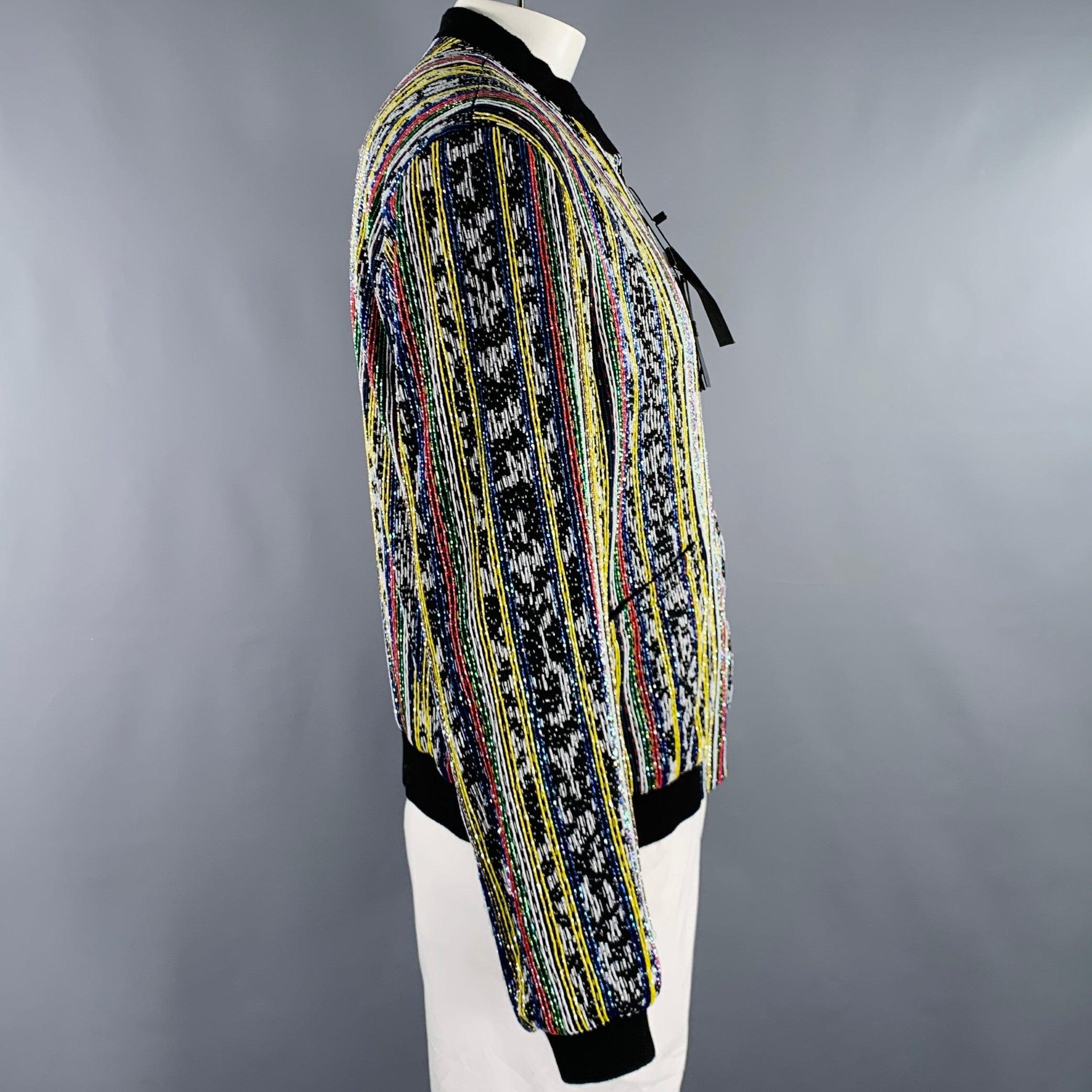 SAINT LAURENT Size XL Black Multi Color Beaded Ikat Viscose Jacket For ...