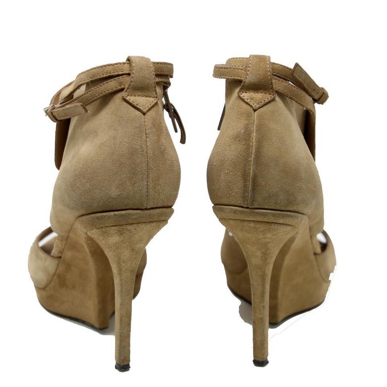 Saint Laurent Tan Signature YSL Ankle Strap Booties 38 Platforms YL ...