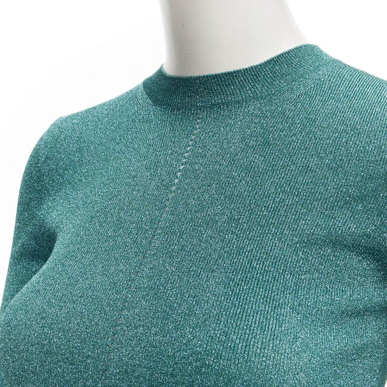 SAINT LAURENT turquoise blue metallic lurex lattice seam knitted top S ...