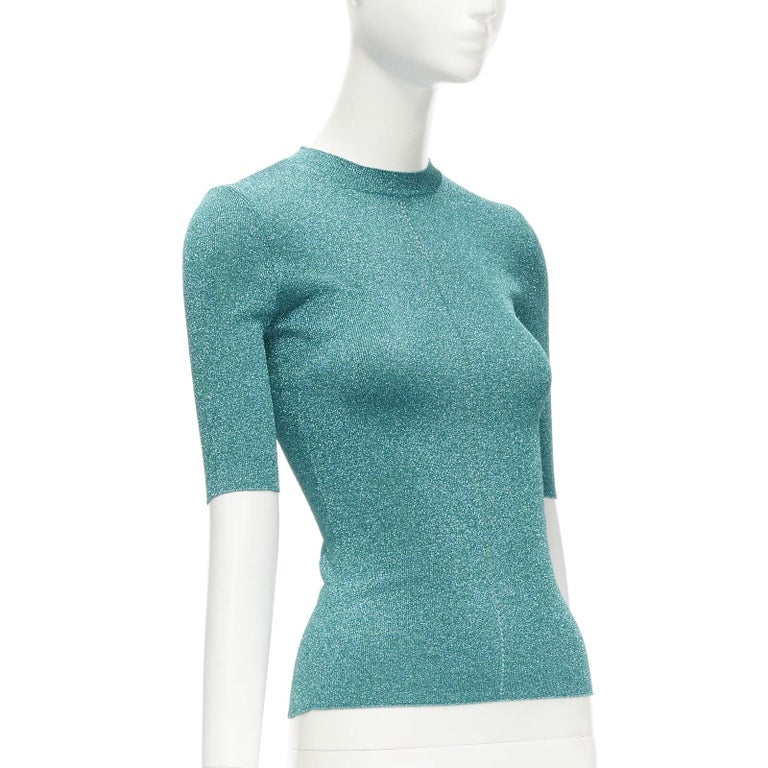 SAINT LAURENT turquoise blue metallic lurex lattice seam knitted top S ...
