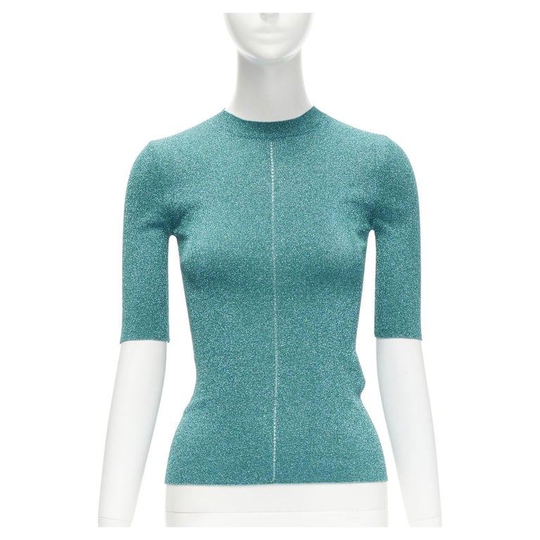 SAINT LAURENT turquoise blue metallic lurex lattice seam knitted top S ...