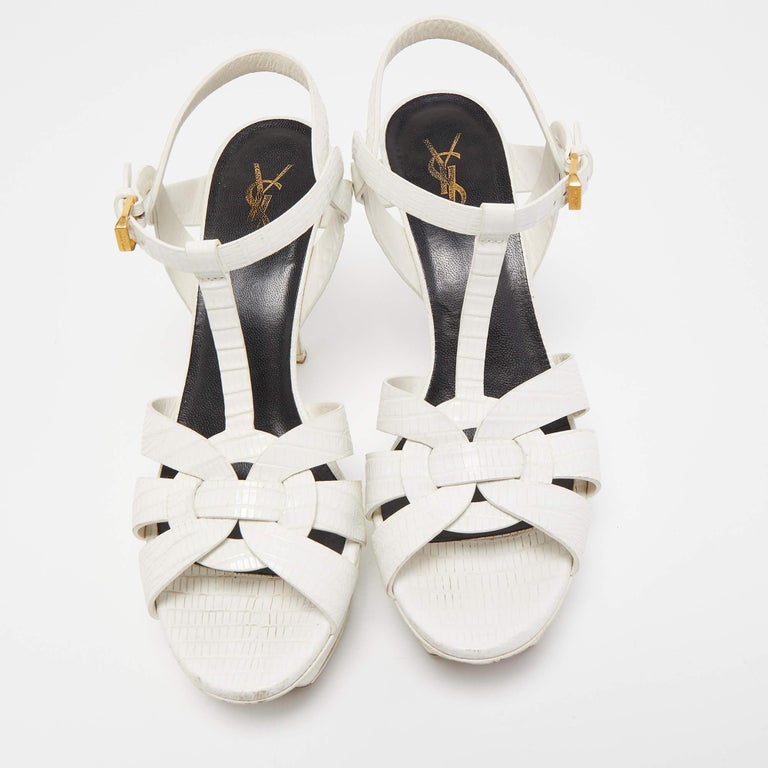 Saint Laurent White Lizard Embossed Leather Tribute Sandals Size 39.5 ...