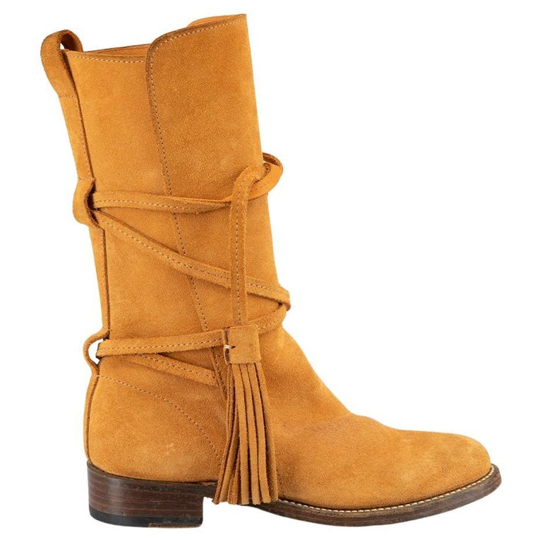 Saint Laurent Women's Ochre Suede Tie Detail Mid Calf Boots For Sale at ...