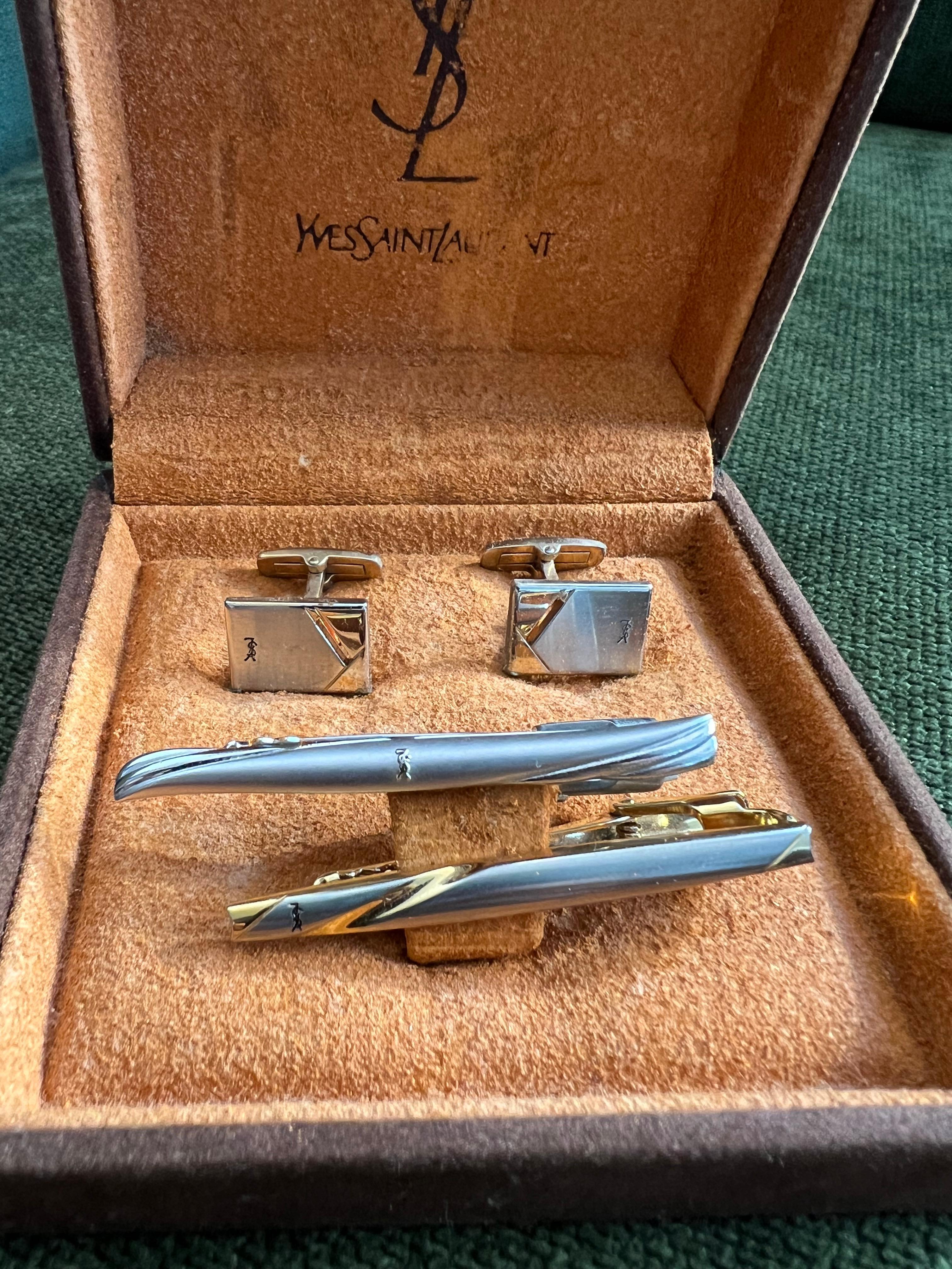SAINT LAURENT “YSL” Art Deco Cufflinks and Tie Clip Pin 4 Piece Set ...