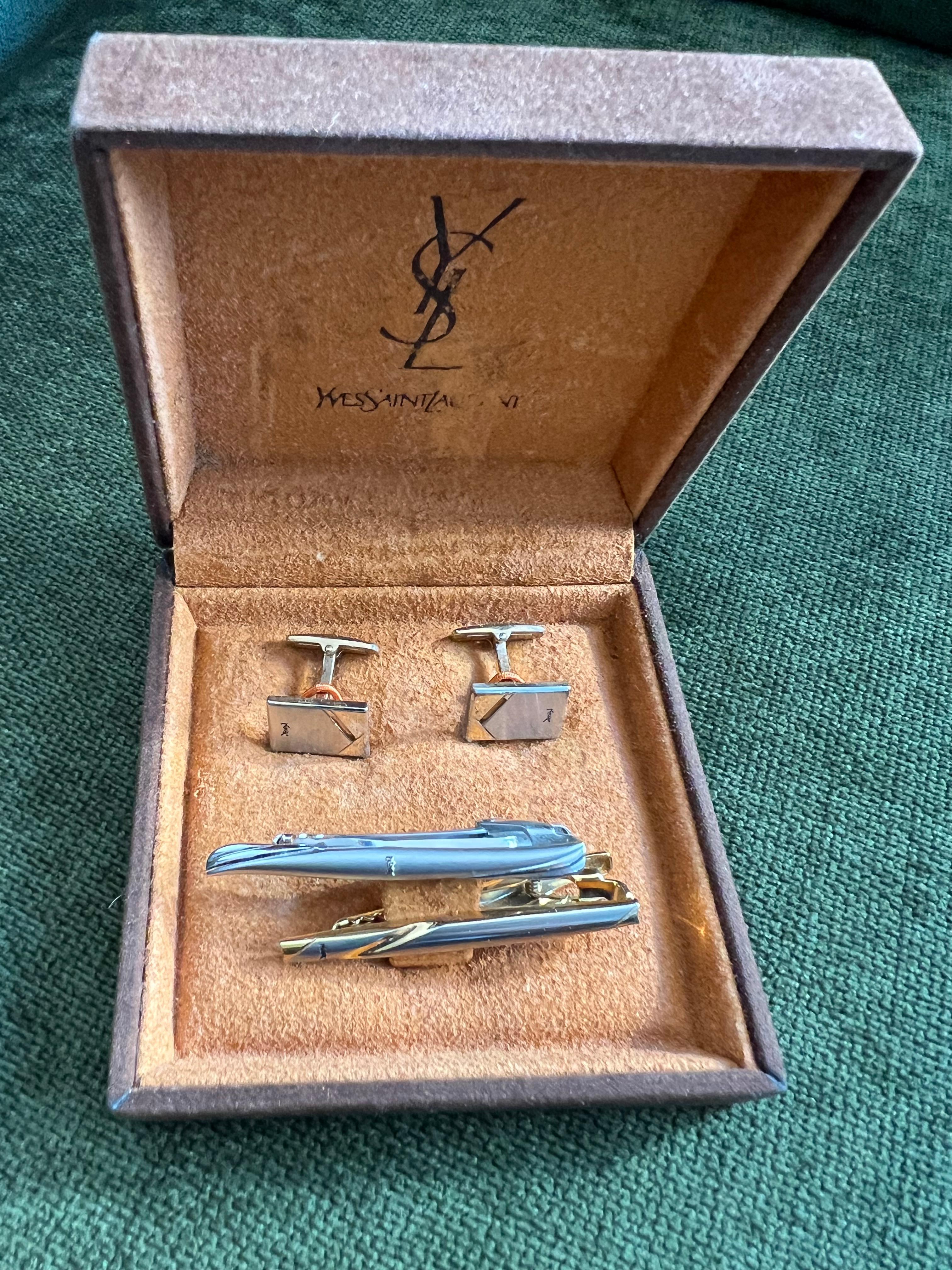 SAINT LAURENT “YSL” Art Deco Cufflinks and Tie Clip Pin 4 Piece Set ...