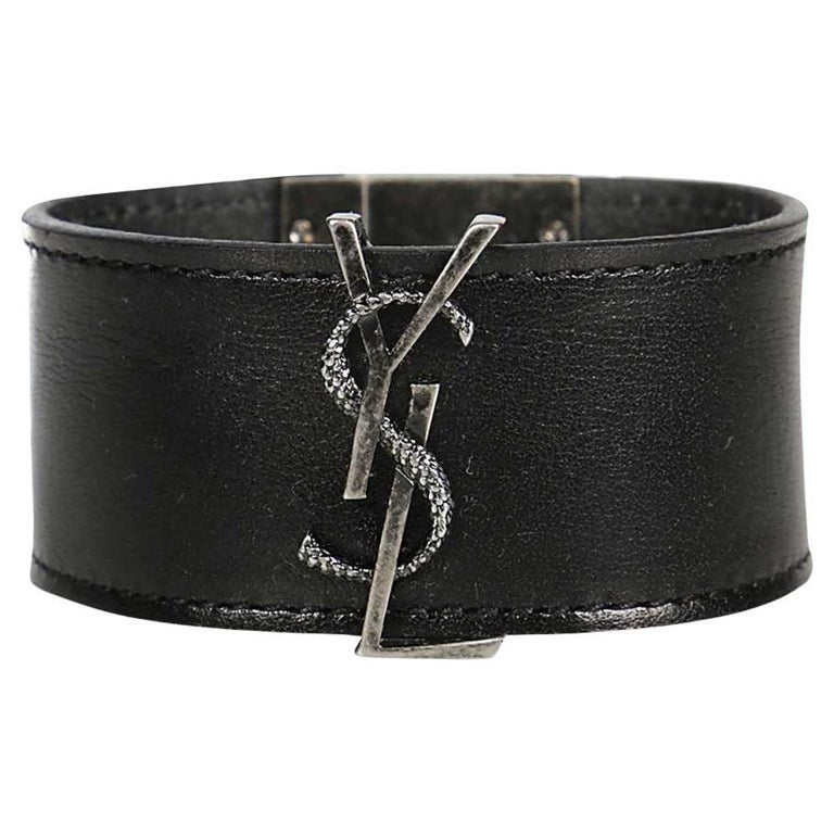 Saint Laurent YSL Logo Monogram Black Leather Bracelet For Sale at ...