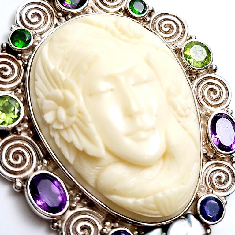 Sajen Sterling Silver Carved Shell Goddess Face Gemstone Pendant For ...