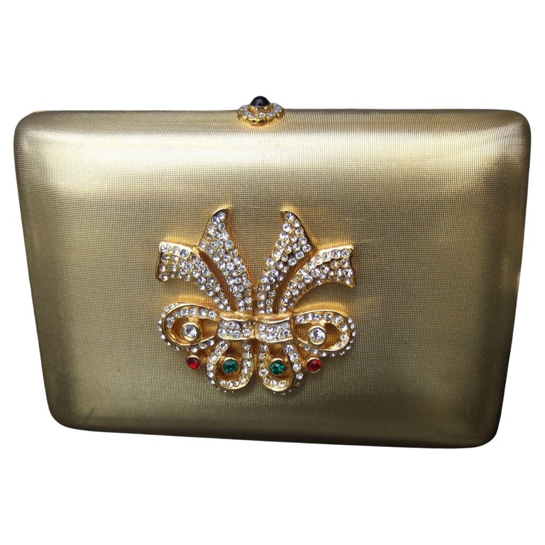 Saks Fifth Avenue Italian Gilt Metal Crystal Medallion Minaudiere c ...