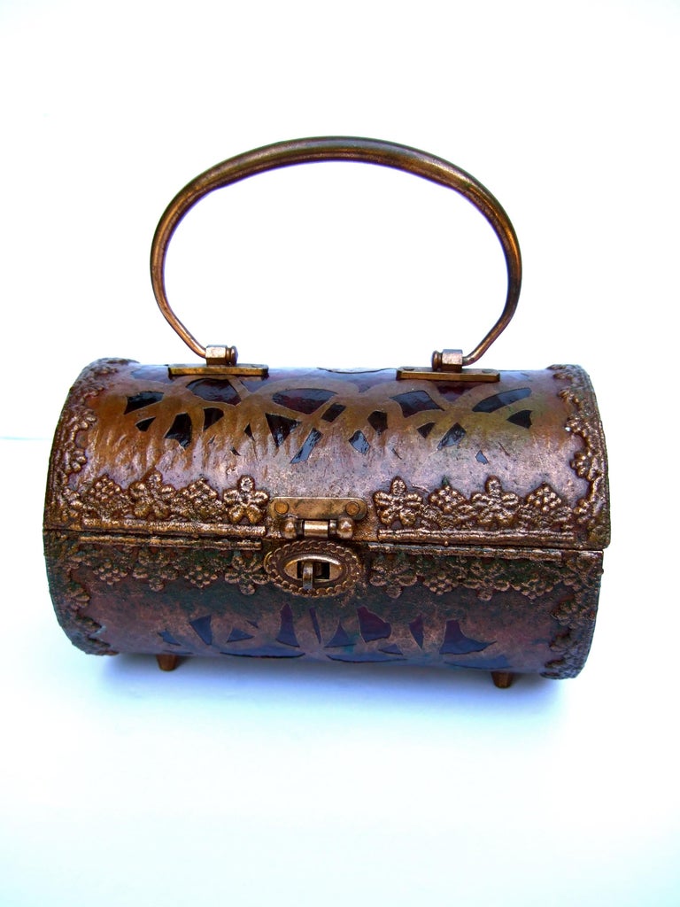 Saks Fifth Avenue Rare Copper Metal Lucite Cylinder Handbag c 1960s For ...