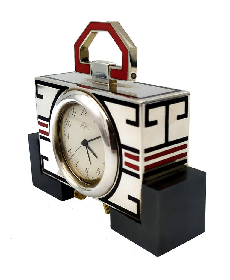 Salimbeni Table Clock Travel Sterling Silver Art Deco Fire Enamel Black ...