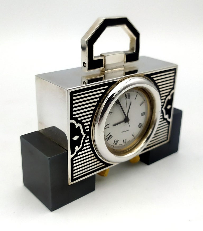 Salimbeni Table Clock Travel Sterling Silver Art Deco Fire Enamel in ...