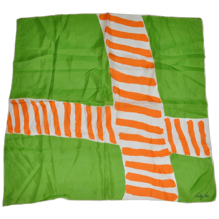 Sally Gee Neon Green and Tangerine "Candy Cane" Silk Scarf For Sale at ...