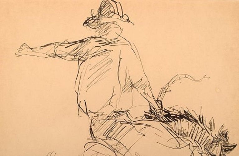 Sally McClymont, Australia, Tusch Drawing, Cowboy on Horse, Late 20th ...