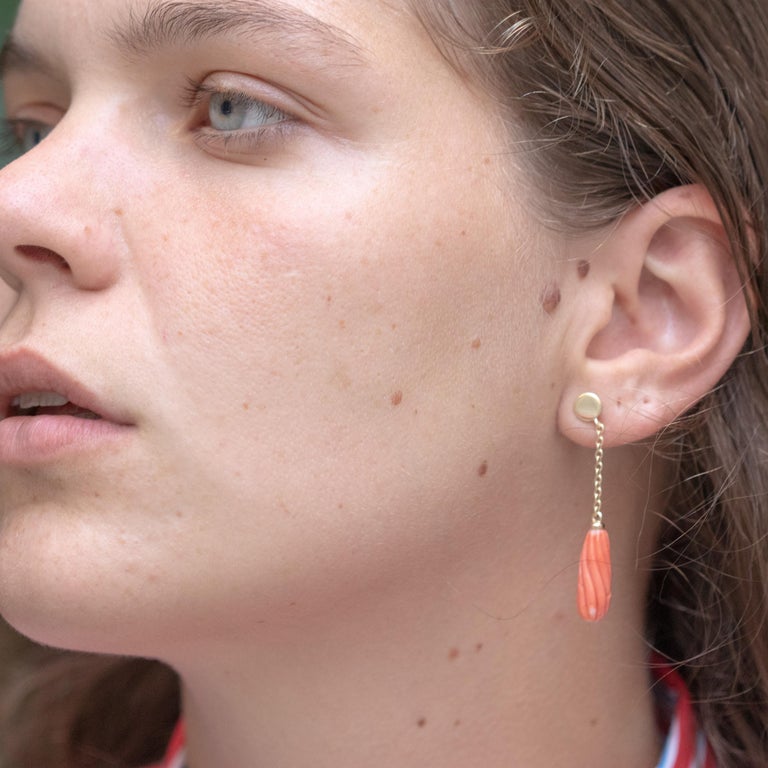 Salmon Natural Coral Carved Long Drop 18 Karat Gold Dangle Deco Intini ...