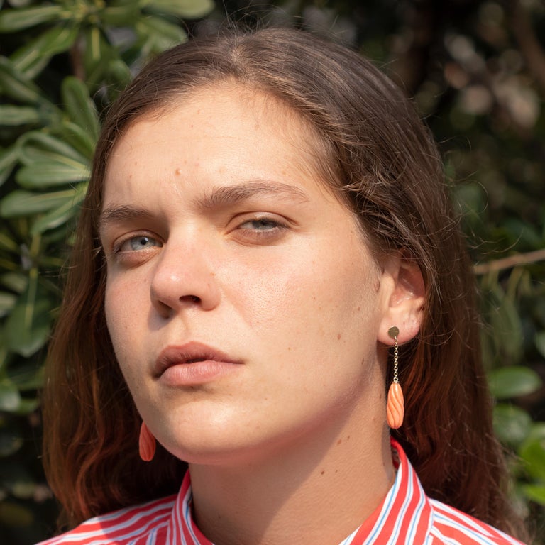 Salmon Natural Coral Spiral Carved Long Drop 18 Karat Gold Dangle Sea ...