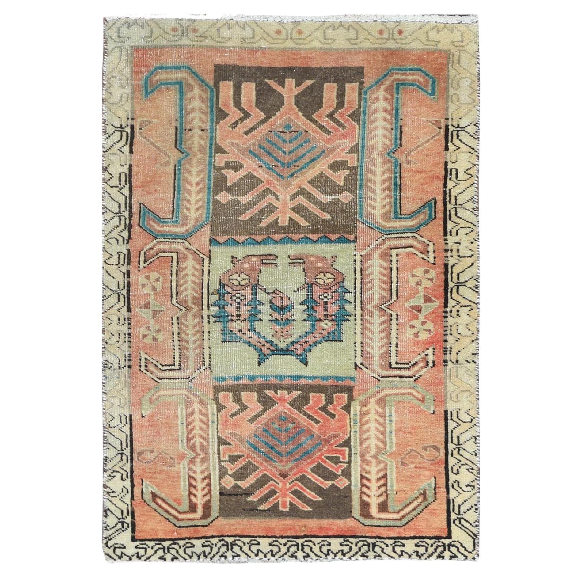 Beige Washed Out Vintage and Worn Down Persian Shiraz Hand Knotted ...