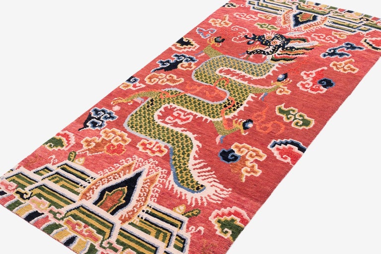 Salmon Pink, Red, Green, and Blue Wool Tibetan Dragon Area Rug at 1stDibs