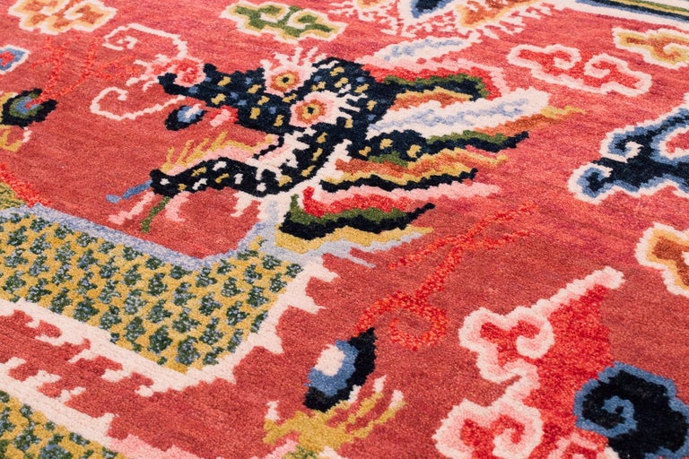 Salmon Pink, Red, Green, and Blue Wool Tibetan Dragon Area Rug at 1stDibs