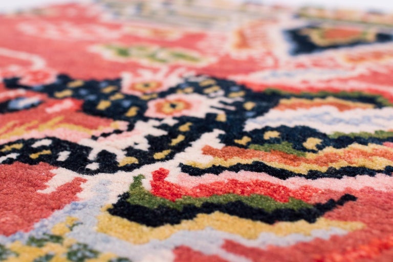 Salmon Pink, Red, Green, and Blue Wool Tibetan Dragon Area Rug at 1stDibs