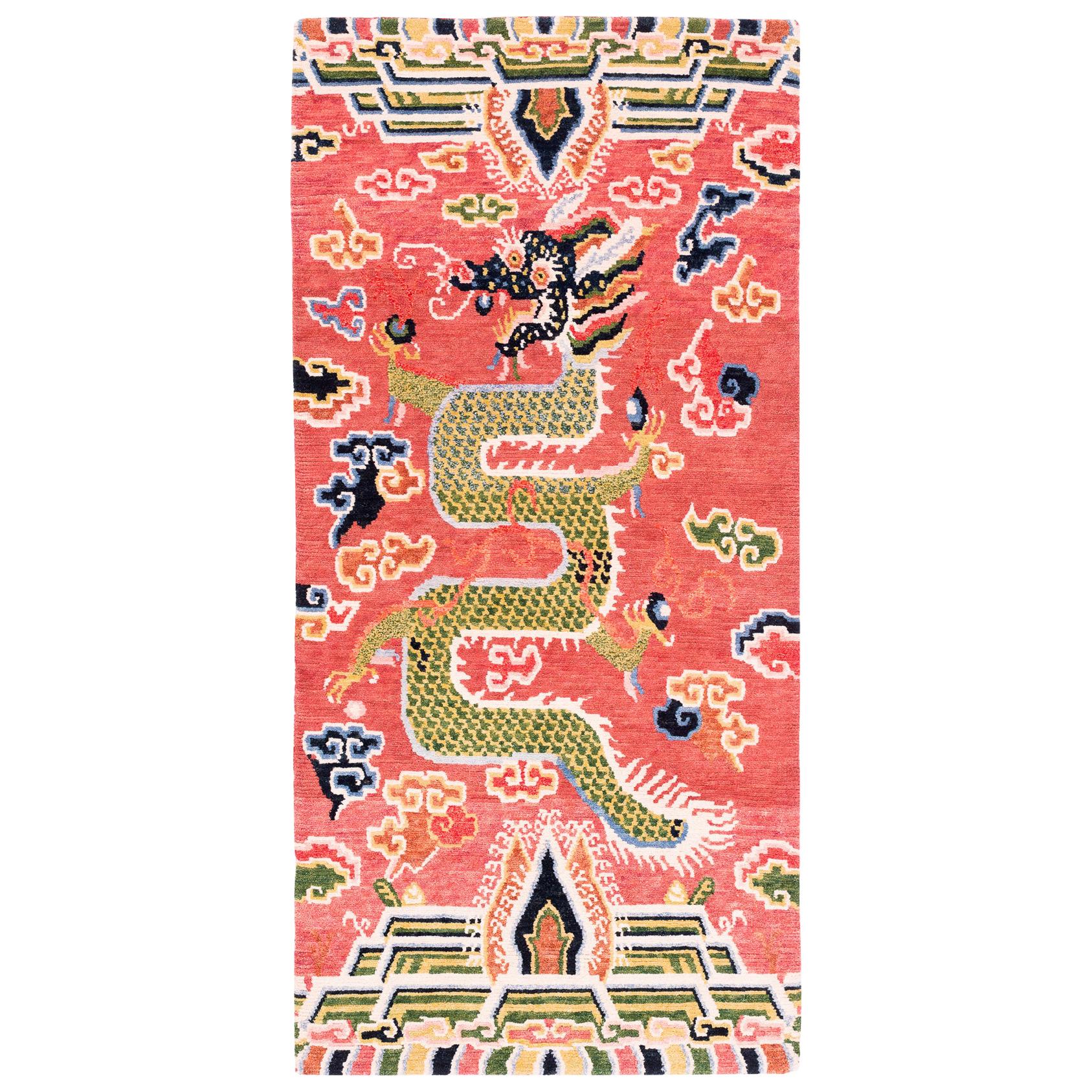 Salmon Pink, Red, Green, and Blue Wool Tibetan Dragon Area Rug at 1stDibs