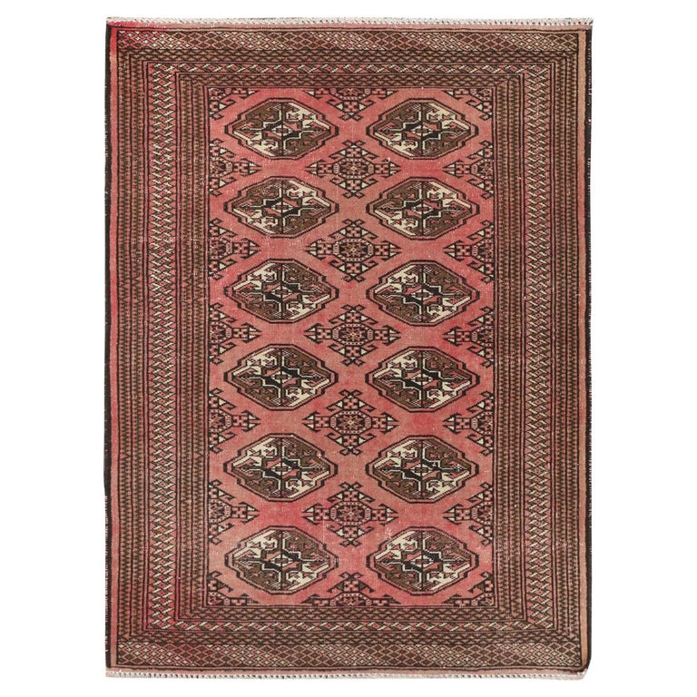 Salmon Red Vintage Persian Turkoman Bokara Worn Down Pure Wool Hand ...