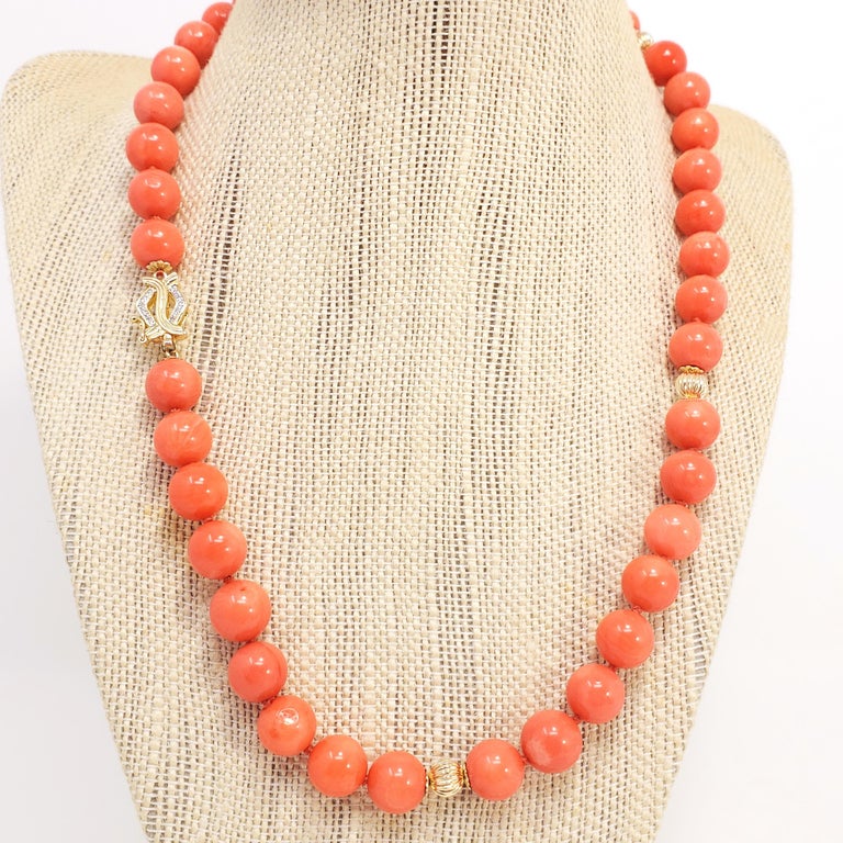 Salmon Sardinian Coral Bead Necklace with 585 Gold and Diamond Clasp ...