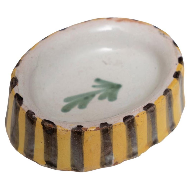 Salt Cellar Dish Faience Oval French Yellow Blue White Sprig Stripe For ...