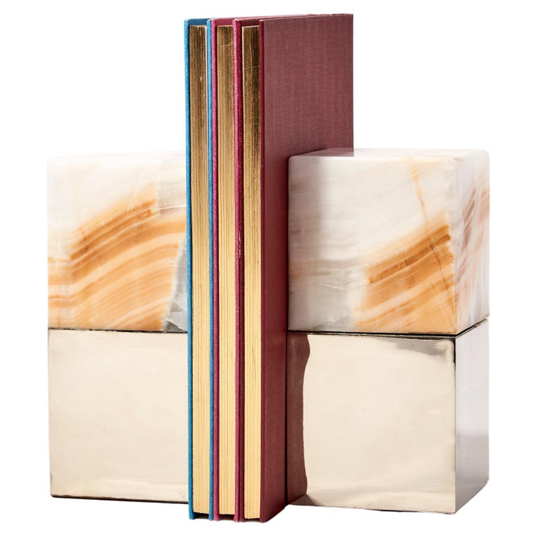 Salta Large Square Cream Onyx Stone Pair of Bookends For Sale at 1stDibs