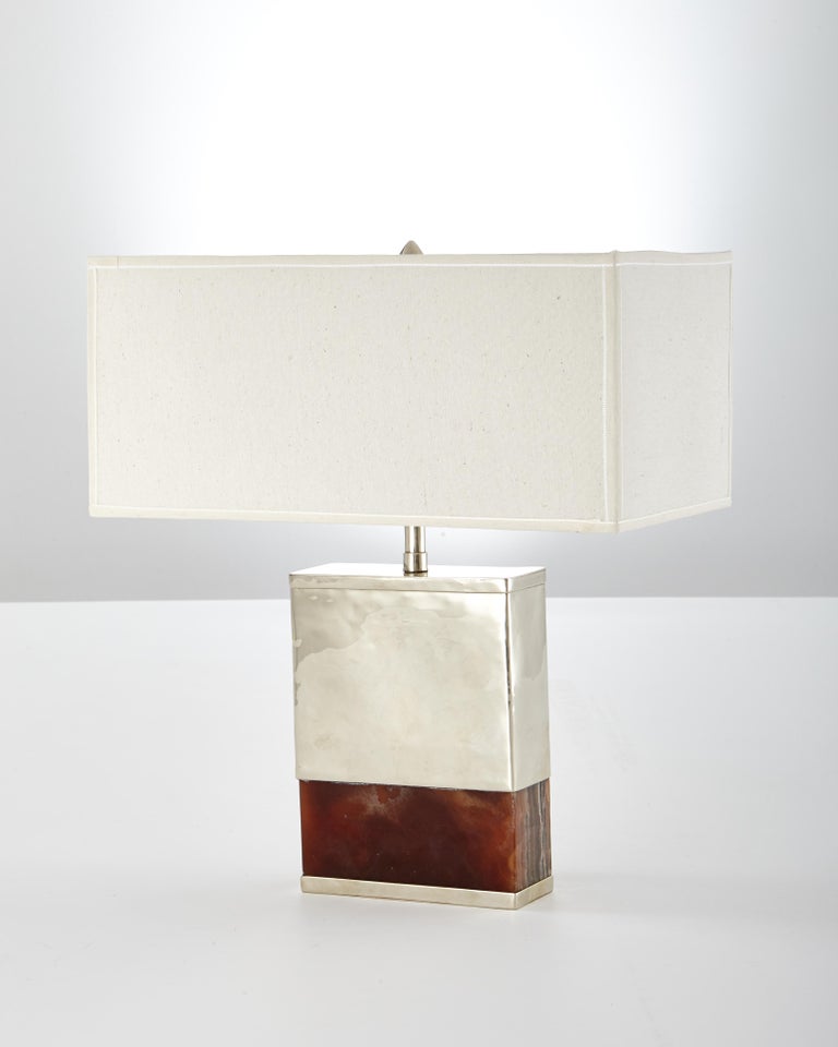 Salta Rectangular Table Lamp Small in Silver Alpaca and Onyx Stone For ...