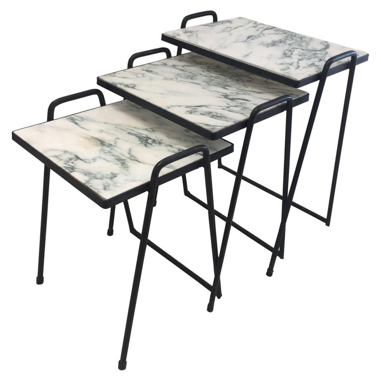 Salterrini Style Wrought Iron Nesting Tables with Marble Tops For Sale at 1stDibs
