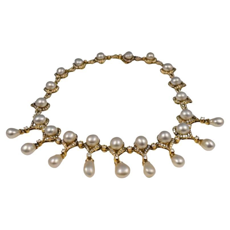 Saltwater White Pearl and Diamond 18k Yellow Gold Festoon Style Drop ...