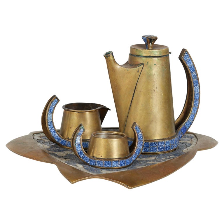 Salvador Teran Brass and Mosaic Tile Tea Service Set For Sale at 1stDibs