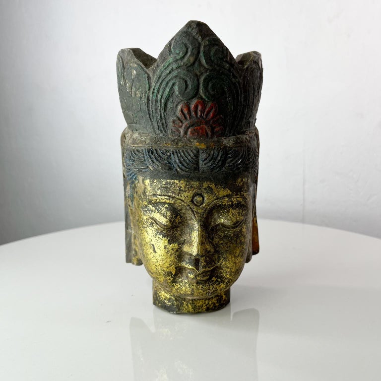Salvaged Stone Beautiful Golden Buddha Head Sculpture Ornately Carved ...