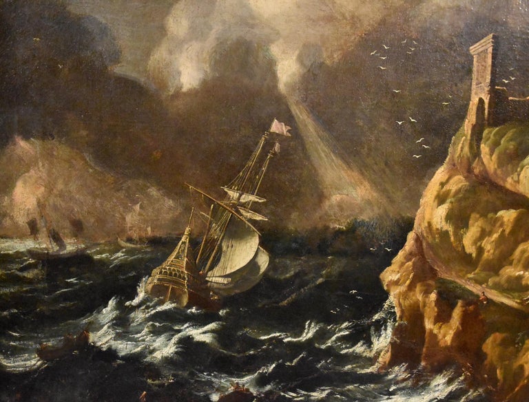 Stormy Sea Sailing Ship Castle Rosa Paint Oil on canvas Old master 17th ...