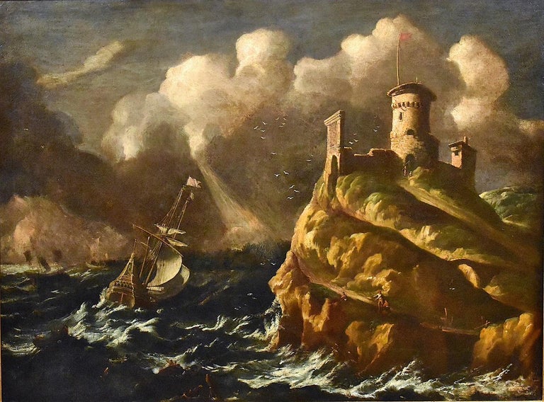 Stormy Sea Sailing Ship Castle Rosa Paint Oil on canvas Old master 17th ...