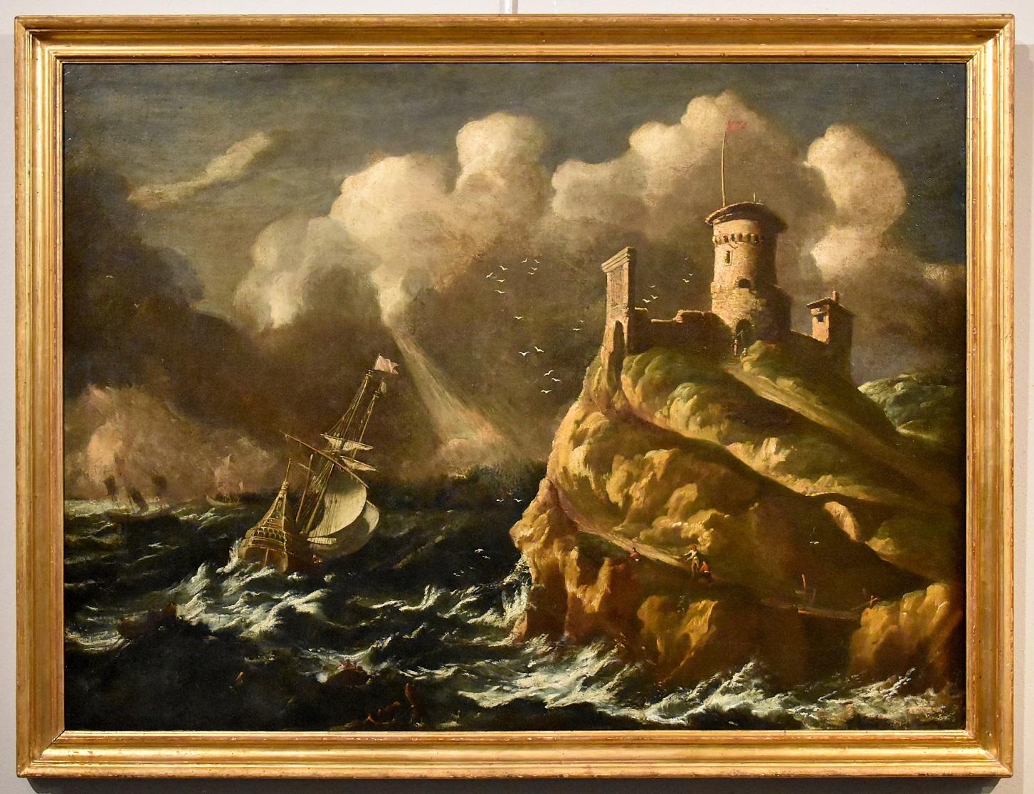 Stormy Sea Sailing Ship Castle Rosa Paint Oil on canvas Old master 17th ...