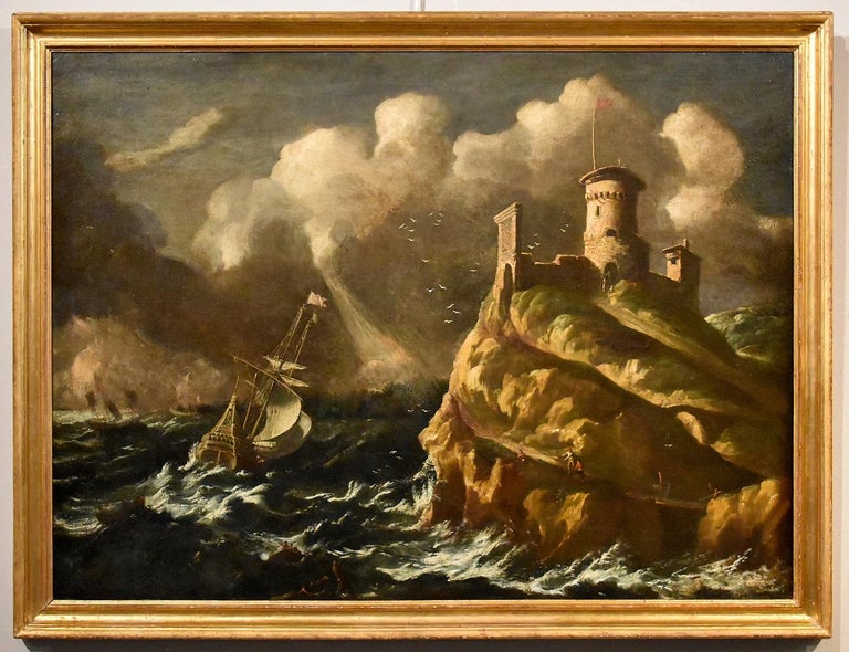 Stormy Sea Sailing Ship Castle Rosa Gemälde Öl auf Leinwand Alter ...