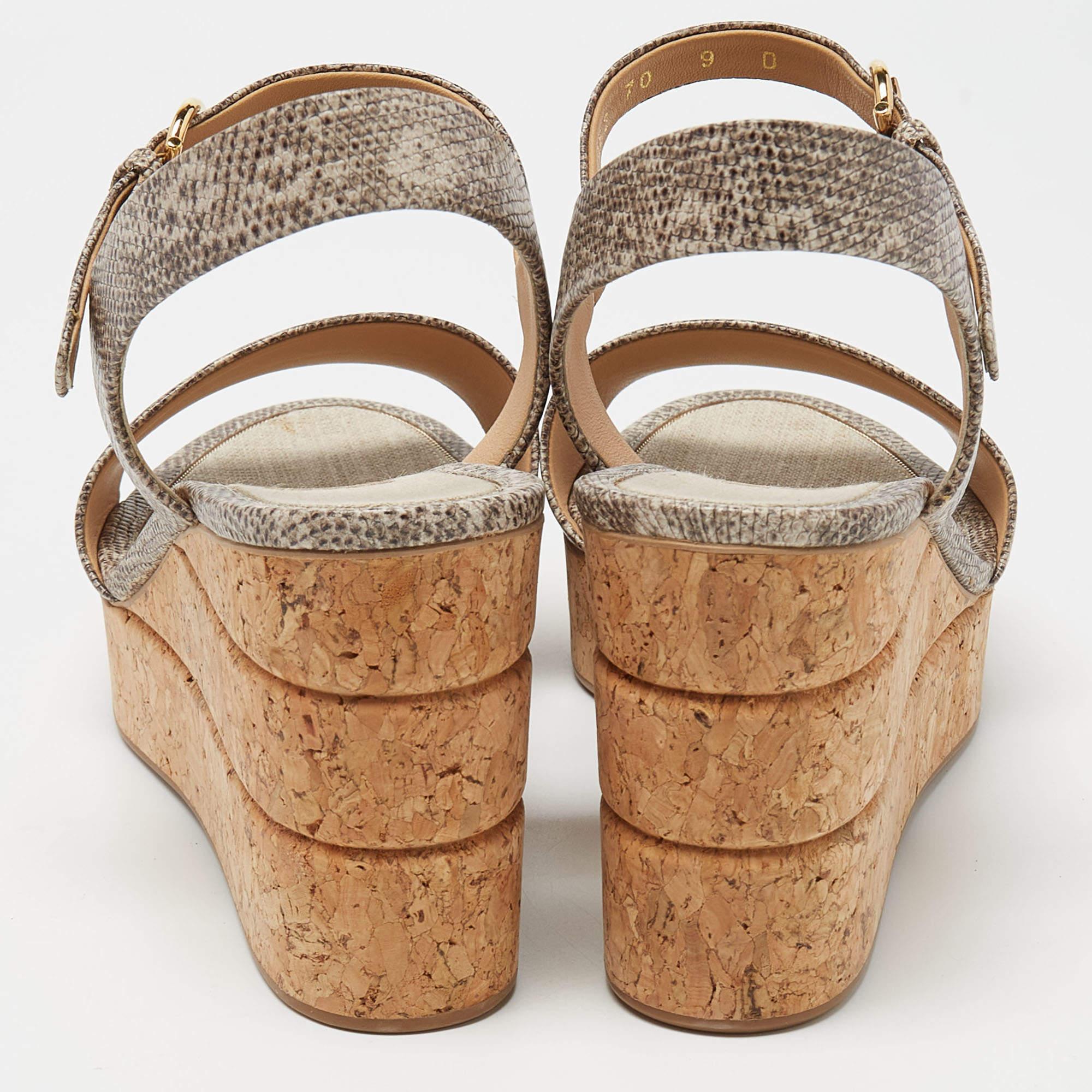 Salvatore Ferragamo Black/Beige Lizard Embossed Leather Madea Cork ...