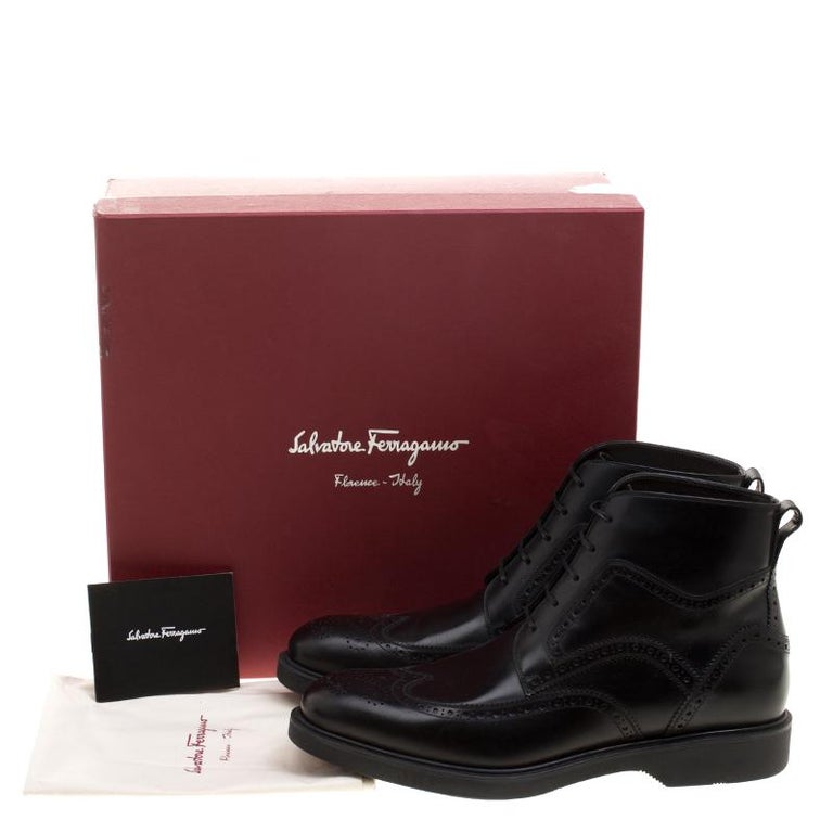 Salvatore Ferragamo Black Brogue Leather Gaiano Wing Tip Ankle Boots ...