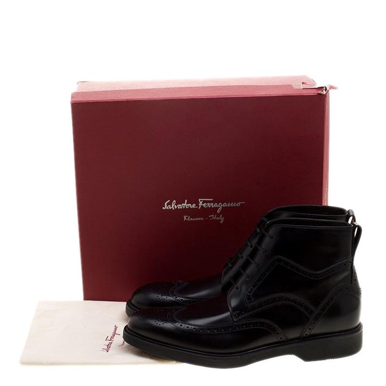 Salvatore Ferragamo Black Brogue Leather Gaiano Wing Tip Ankle Boots ...