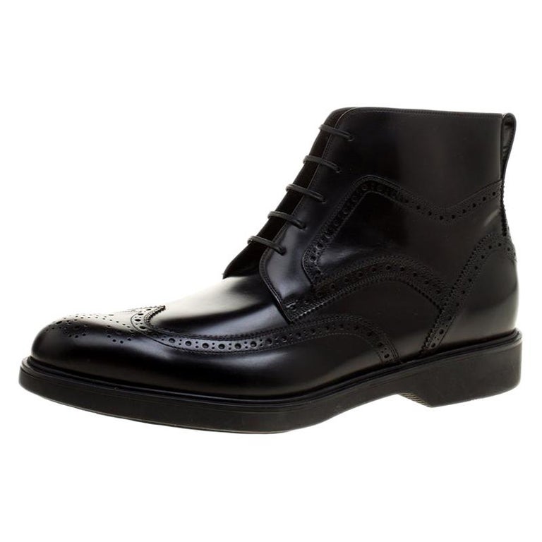 Salvatore Ferragamo Black Brogue Leather Gaiano Wing Tip Ankle Boots ...