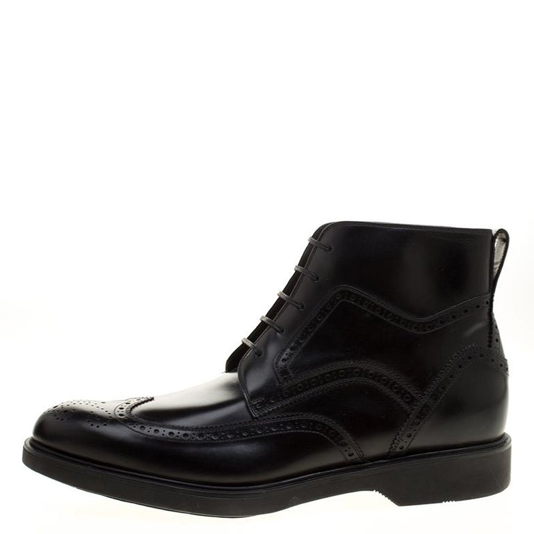 Salvatore Ferragamo Black Brogue Leather Gaiano Wing Tip Ankle Boots ...