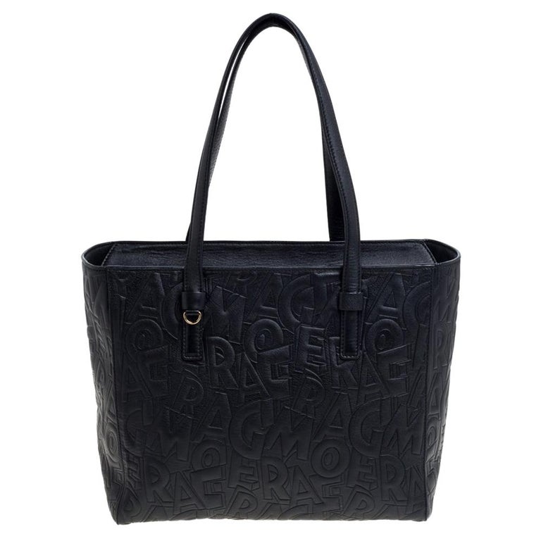 Salvatore Ferragamo Black Embossed Logo Leather Bonnie Shopper Tote at ...