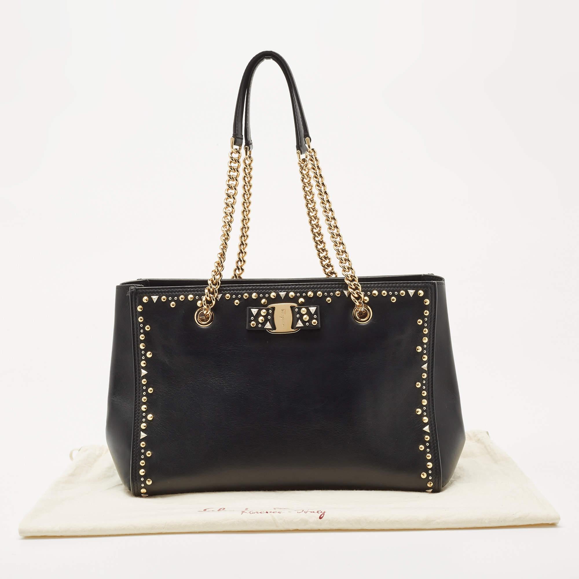 Salvatore Ferragamo Black Leather Medium Studded Melike Tote For Sale at 1stDibs