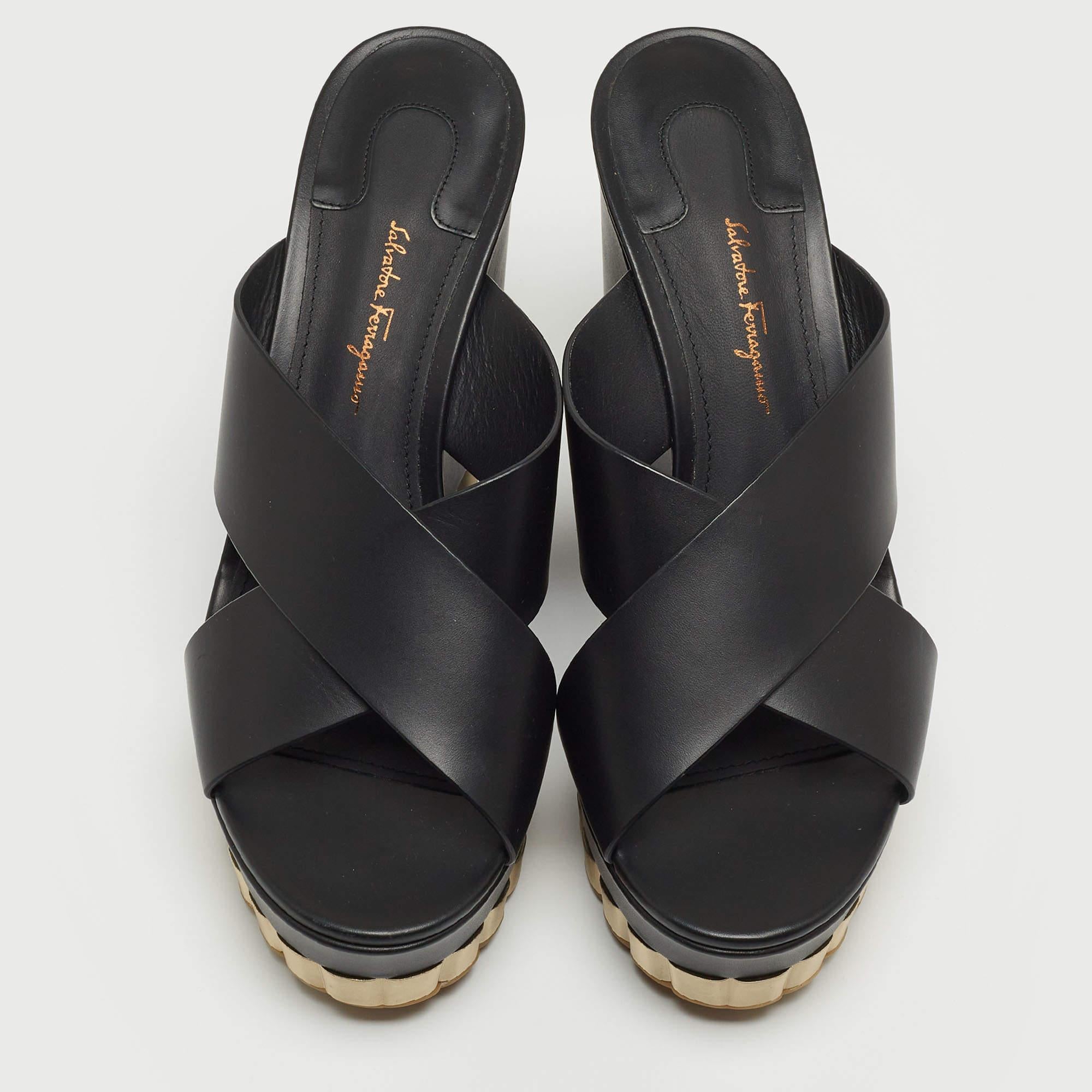 Salvatore Ferragamo Black Leather Nicosia Wedge Sandals For Sale at 1stDibs
