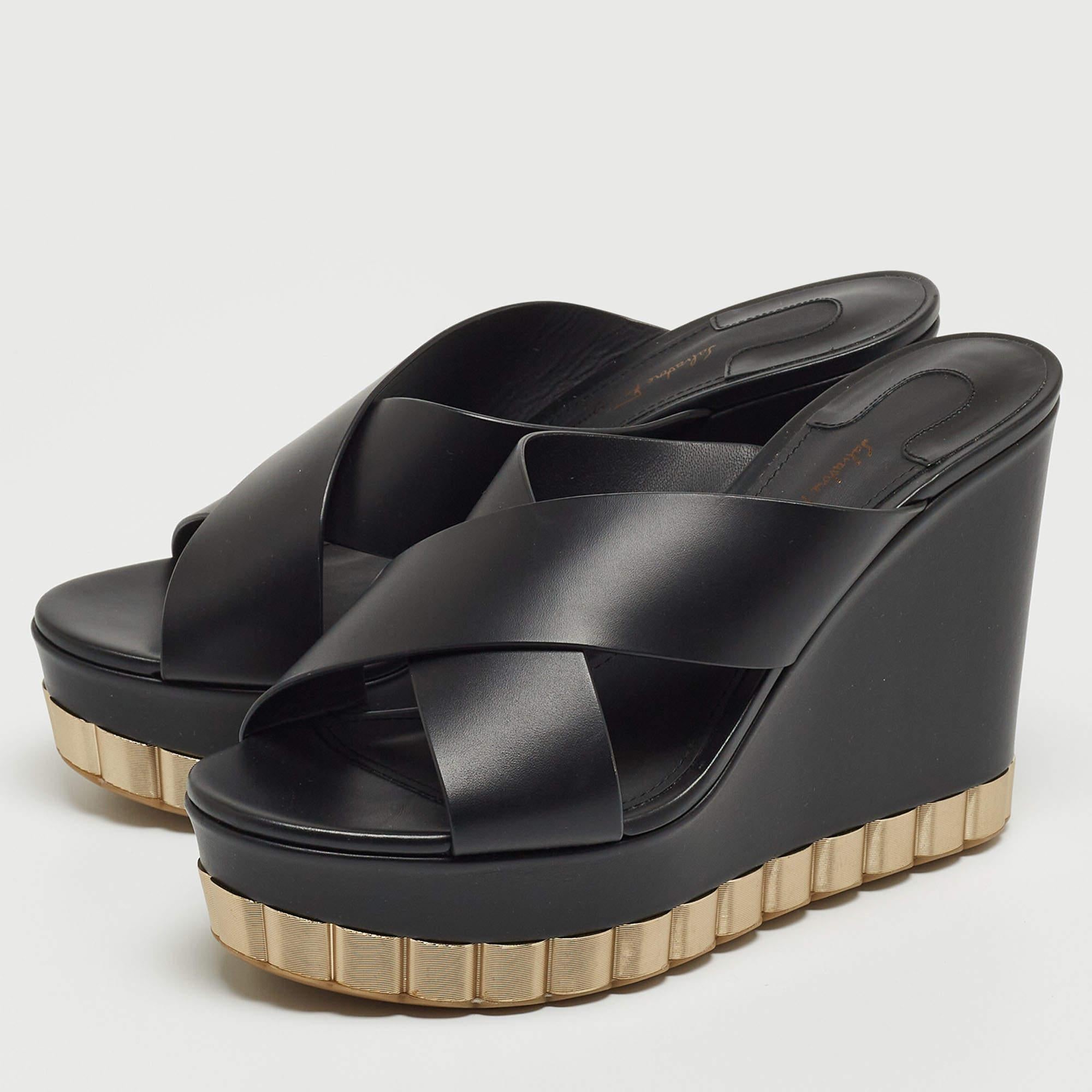 Salvatore Ferragamo Black Leather Nicosia Wedge Sandals For Sale at 1stDibs