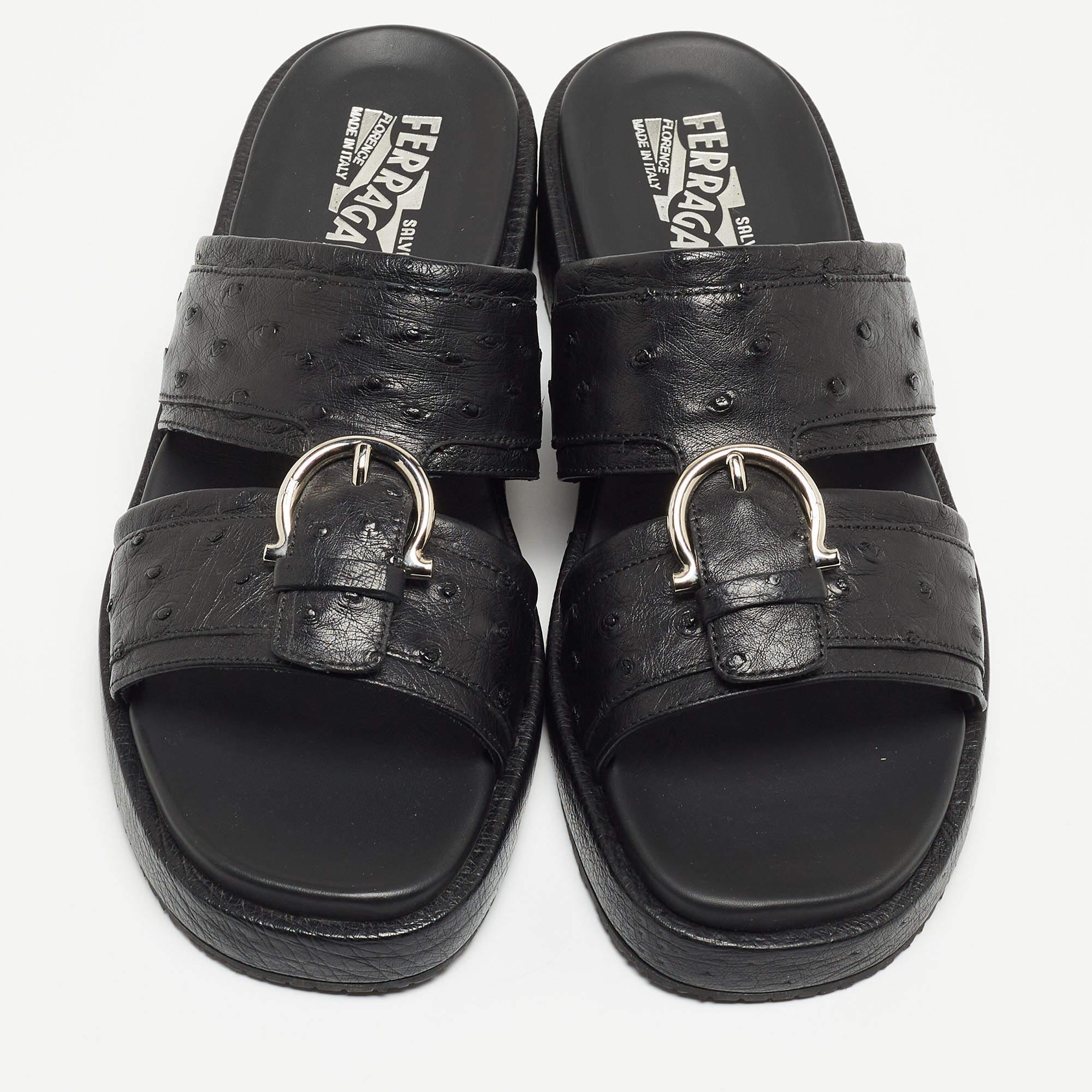 Salvatore Ferragamo Black Ostrich Leather Lufti Buckle Detail Slide ...