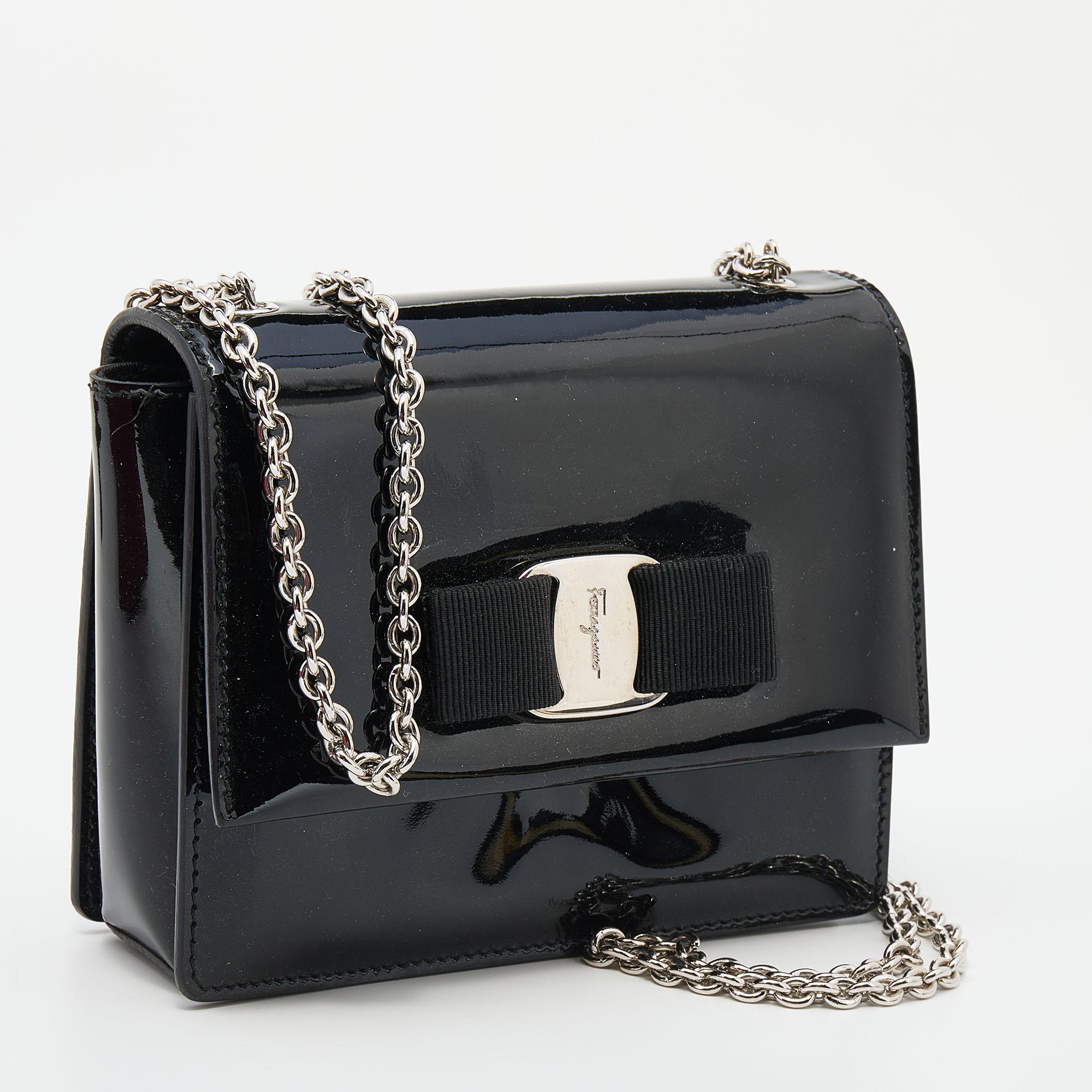 Salvatore Ferragamo Black Patent Leather Vara Bow Chain Shoulder Bag ...